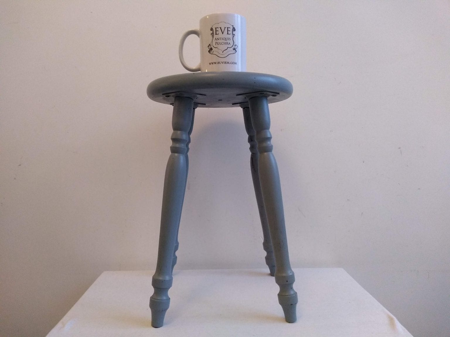 Vintage French Refurbished Painted Grey Wood Small Milking Stool Chair ...